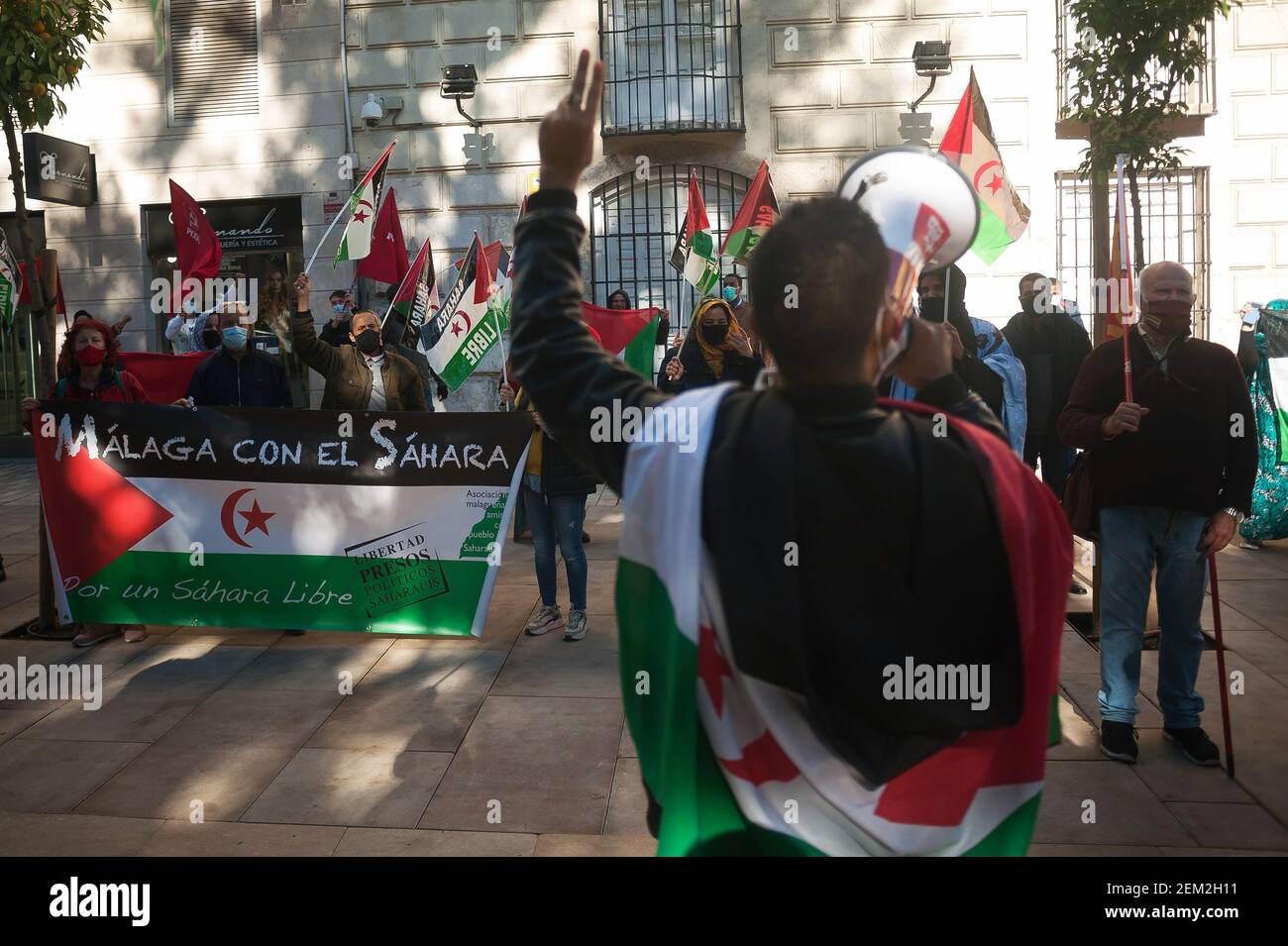 A group of saharan demonstrators wearing face masks hold a large flag ...