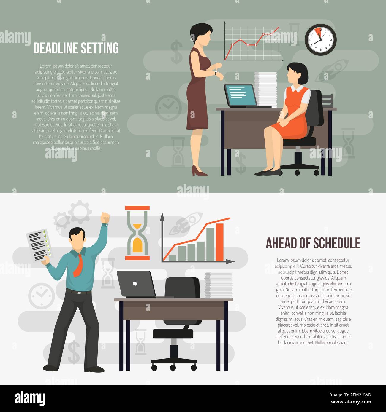 Meeting deadlines 2 flat banners set wit working ahead of schedule and ...