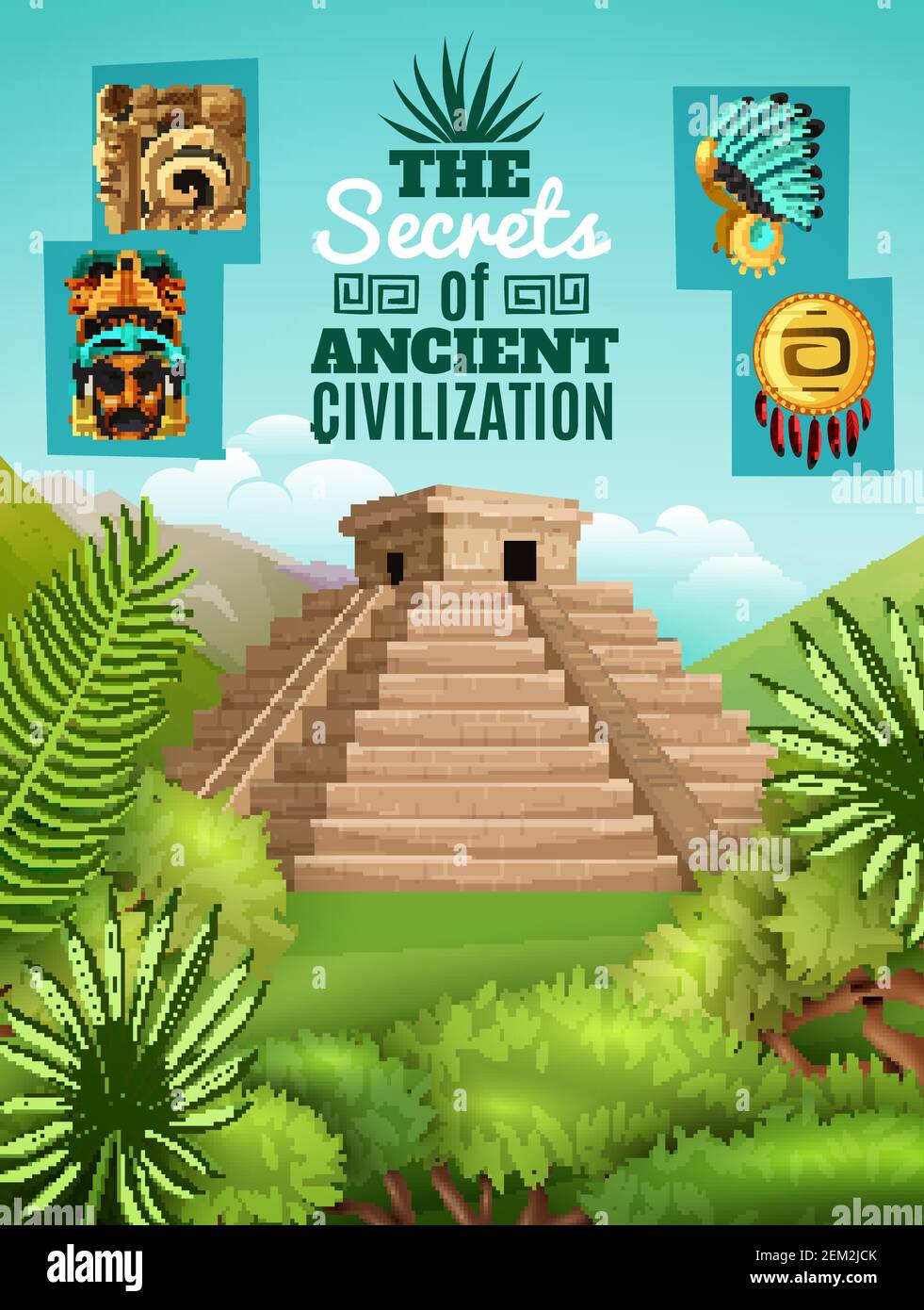 Maya cartoon poster with elements of ancient aztec culture and chichen ...