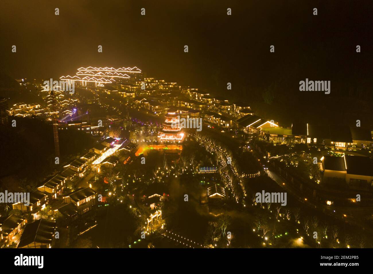 Aerial view of the light show in Gexian Mountain, which attracts many ...