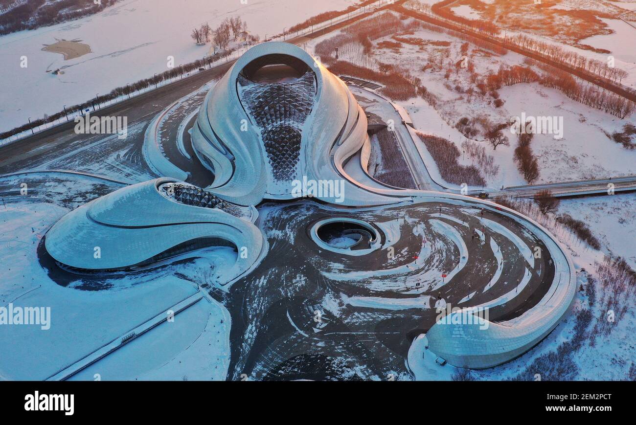 Aerial view of Harbin Opera House covered in snow, which is spectacular ...