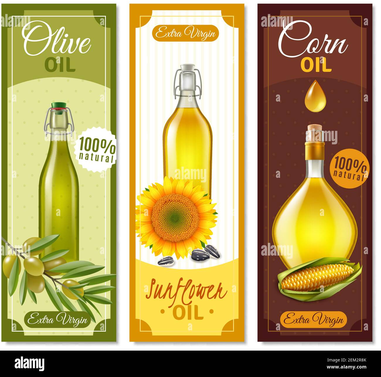 Natural product realistic banners set of glass bottles filled with ...