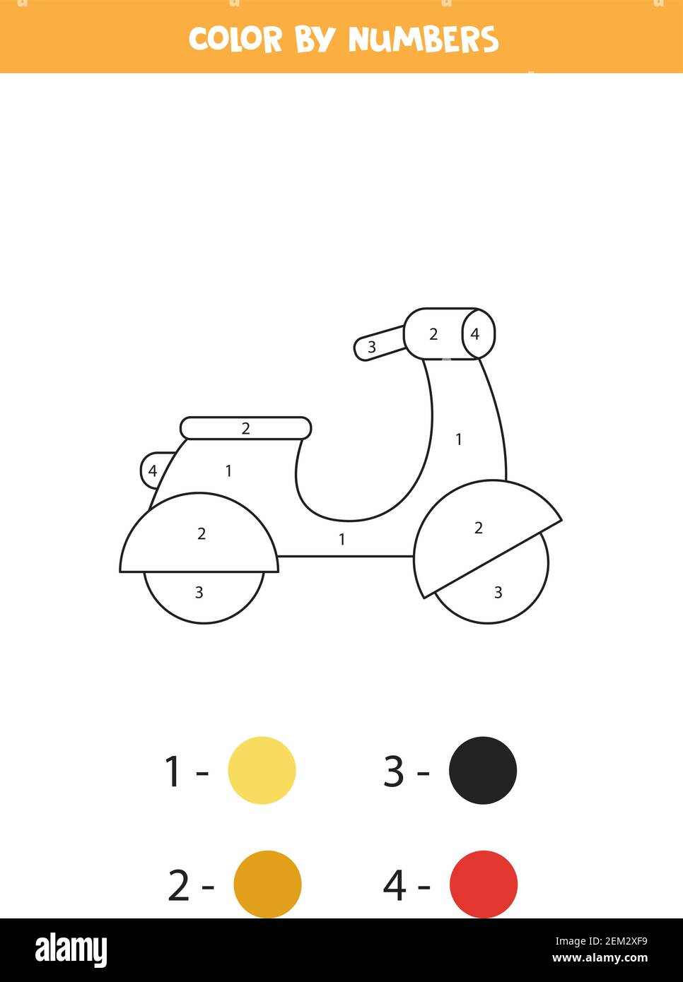 Coloring page with cartoon moped. Color by numbers. Math game for kids ...