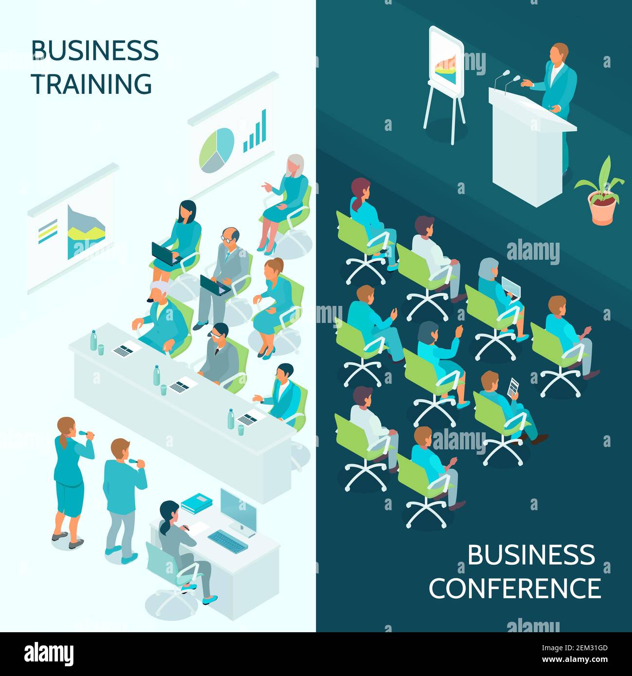 Business education vertical isometric banners with lecturer and ...