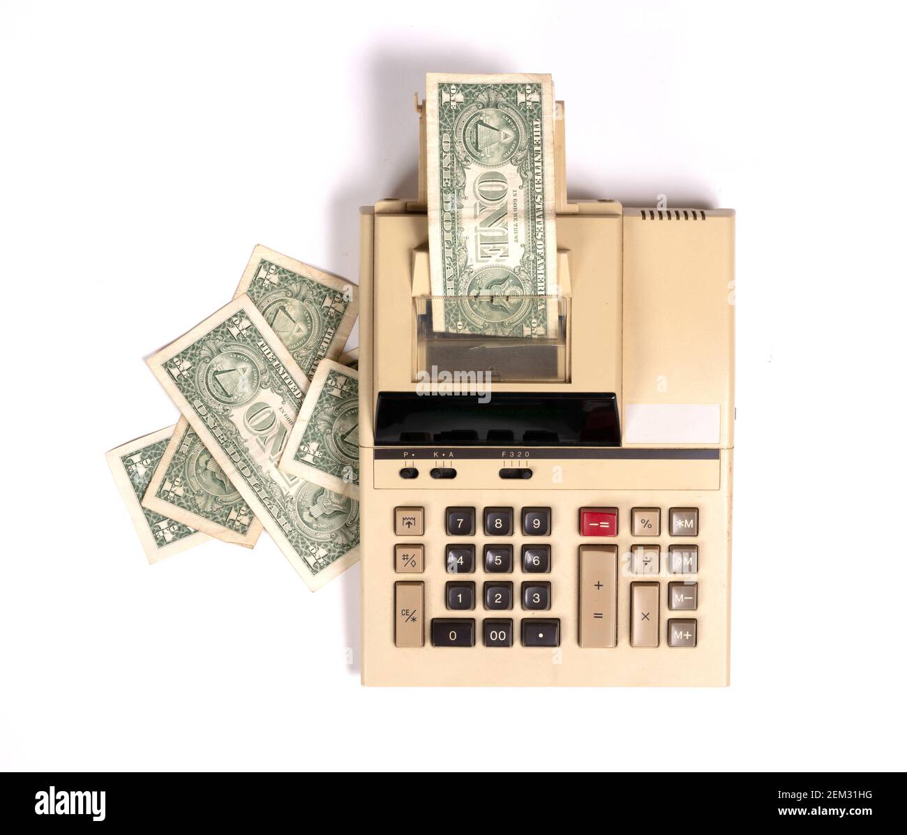 Old fashioned calculator dollars, isolated on white Stock Photo - Alamy