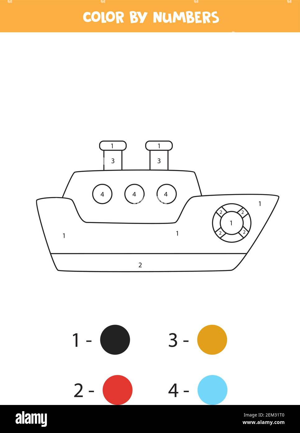 Coloring page with cartoon ship. Color by numbers. Math game for kids ...