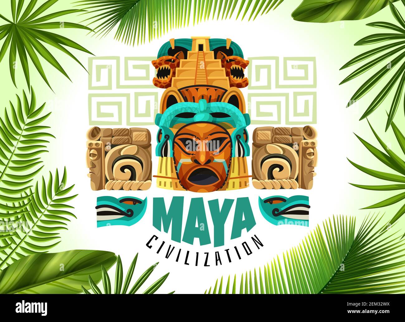 Maya civilization horizontal poster with mayan mask and fragments of ...
