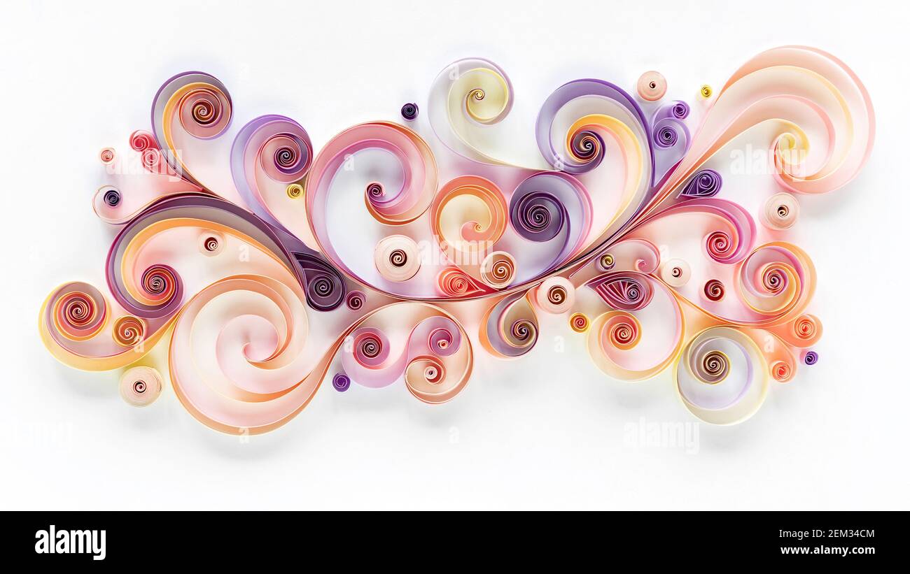 Abstract panel made of colored paper scrolled into curls and rolls ...