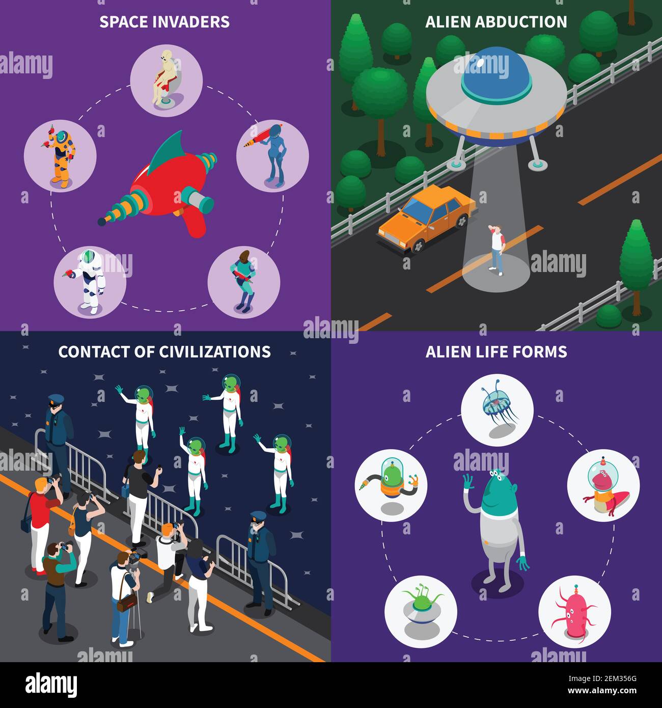 Various alien characters coming in to contact with people 2x2 colorful ...