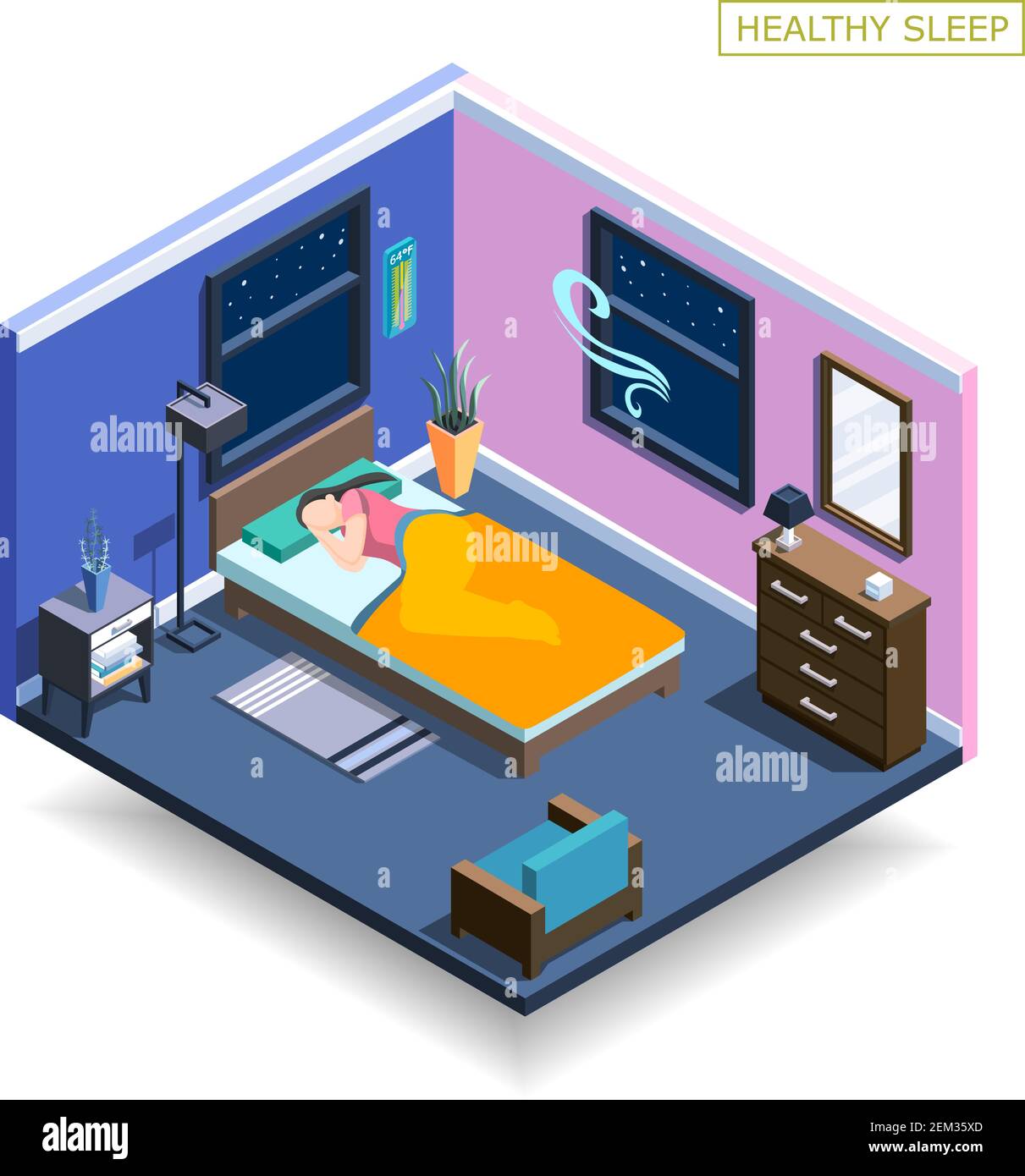 Full sleep isometric composition with human character during night rest ...