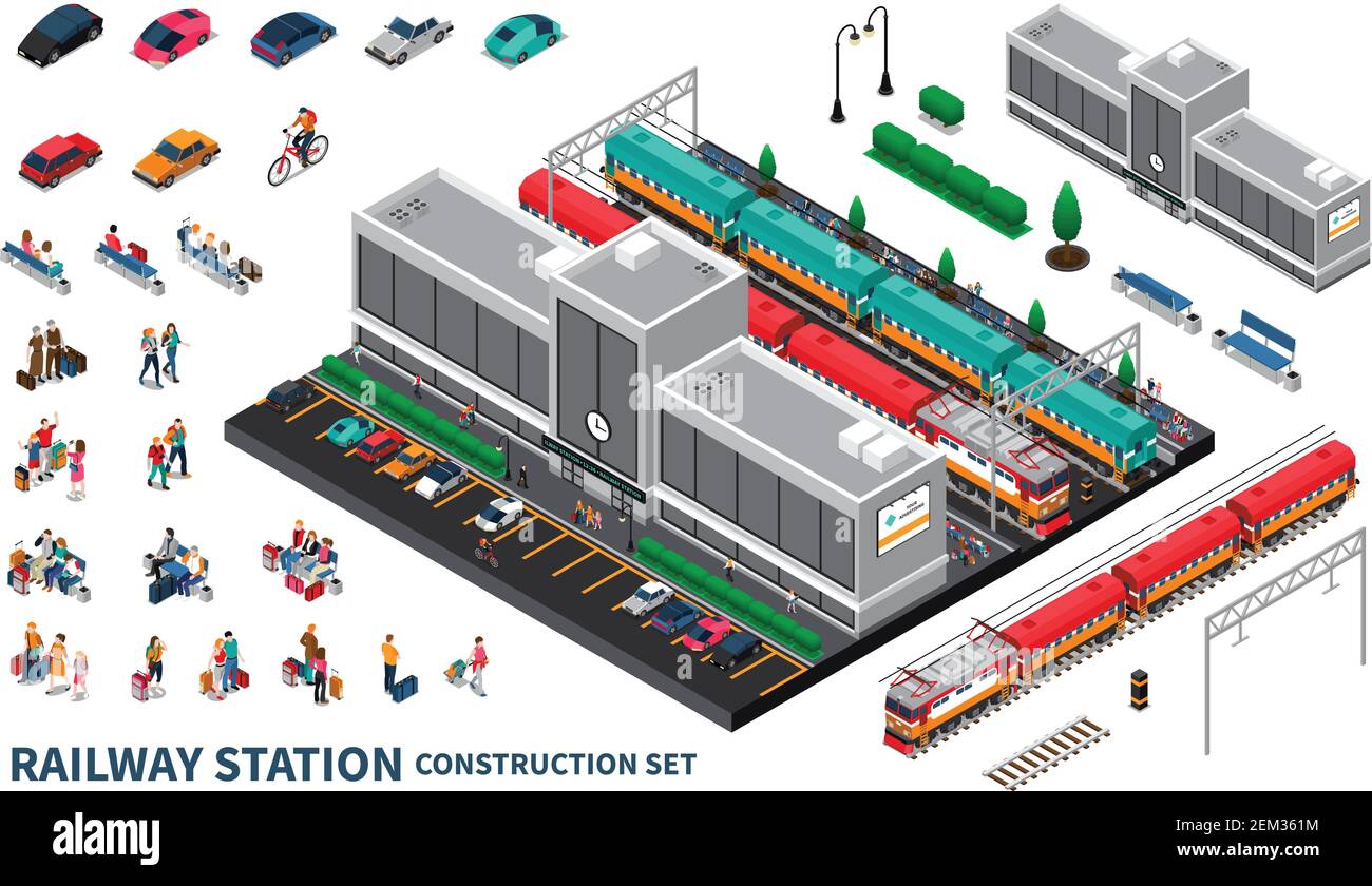 Railway station constructor elements with modern station building ...