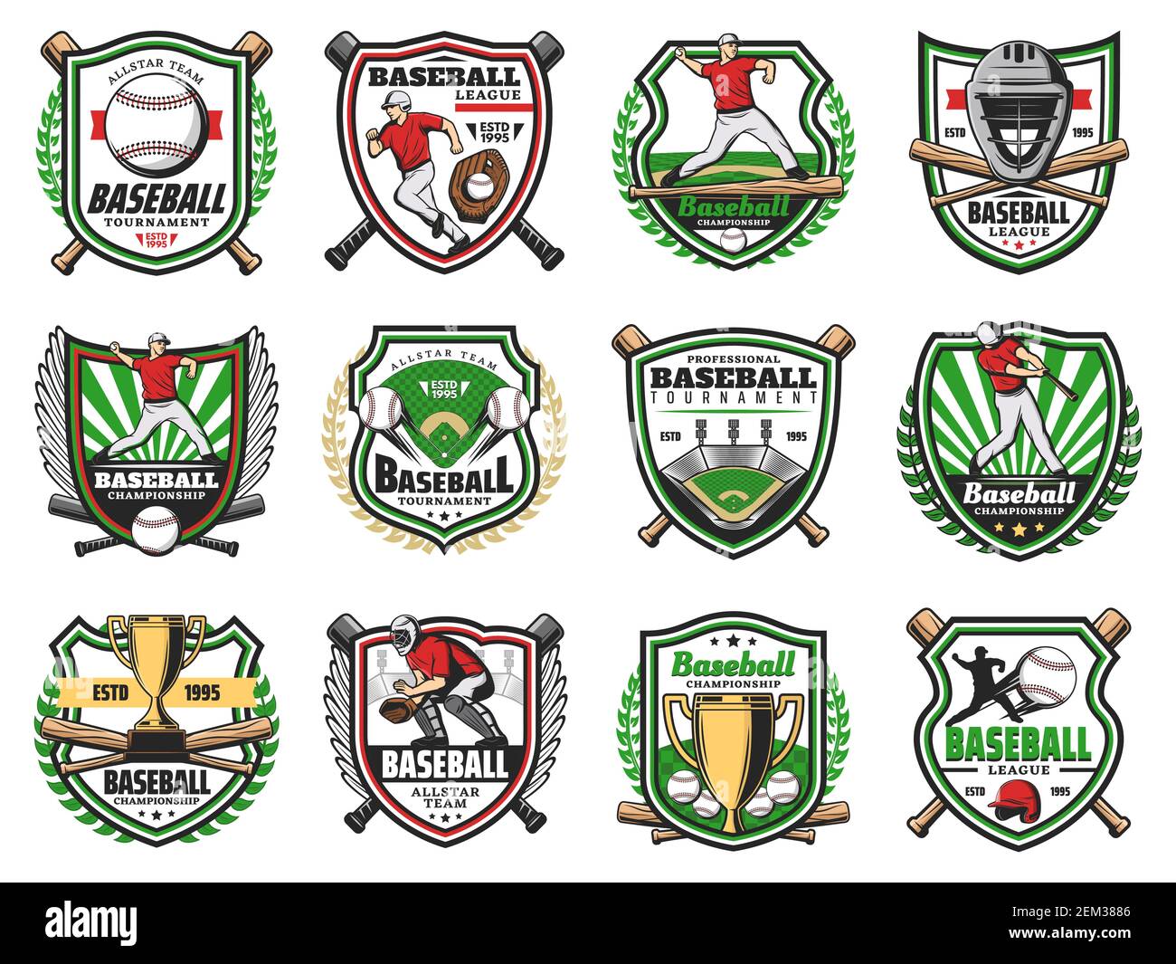 Baseball sport emblems, softball team club badges and league tournament ...