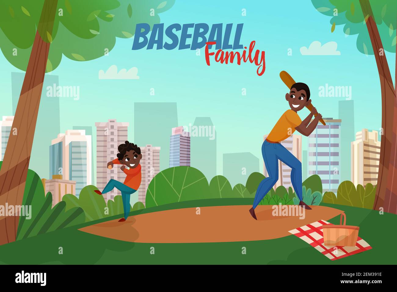 Fatherhood scene with dad and son during baseball game on city ...