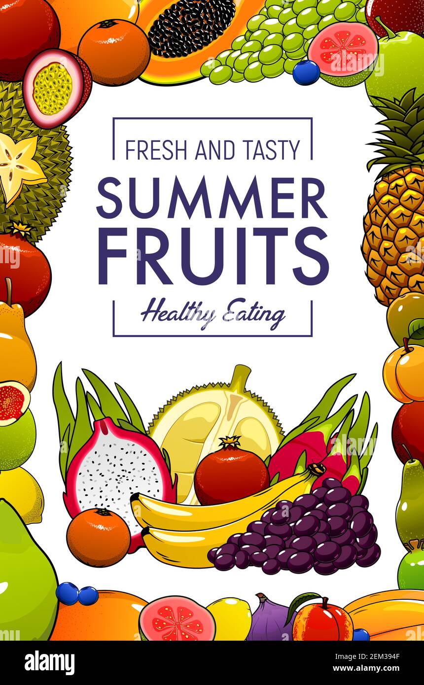 Tropical fruits, farm market organic natural healthy food. Vector ...