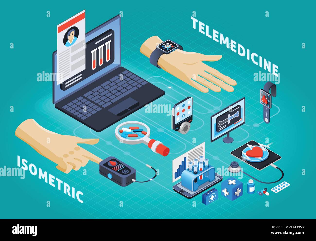 Digital health industry offerings isometric composition poster with ...