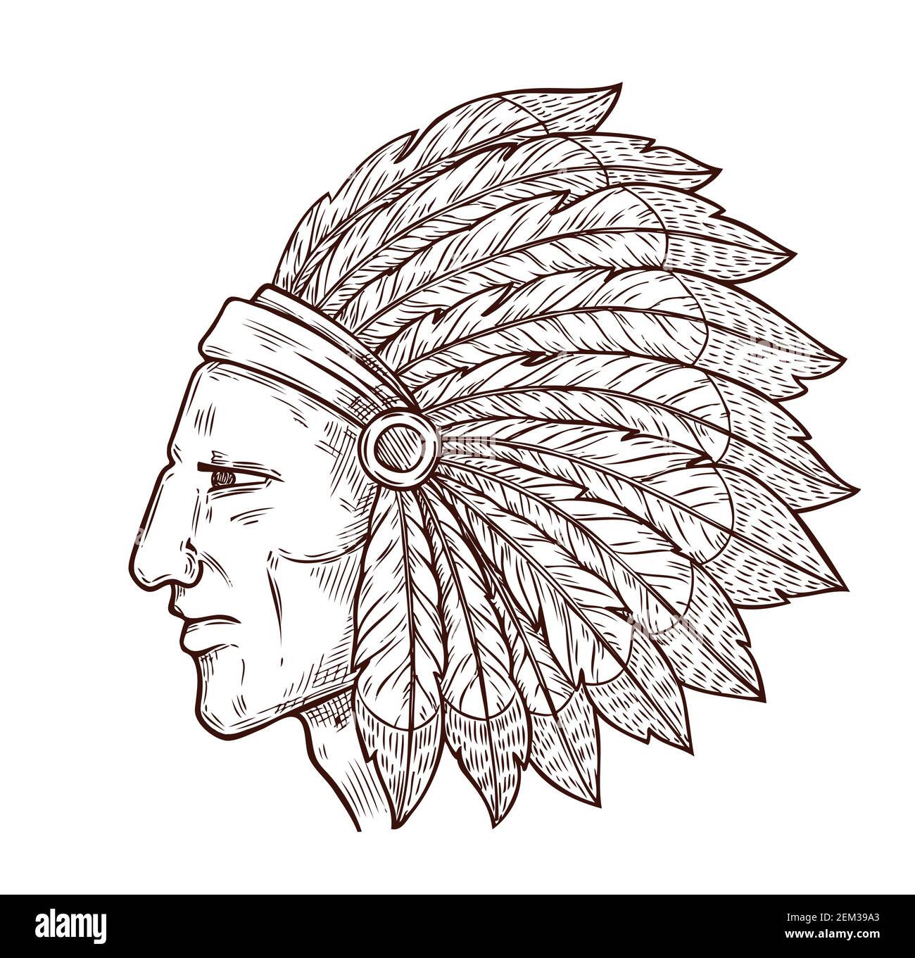 Indian chief head and traditional eagle feathers headdress, sketch ...