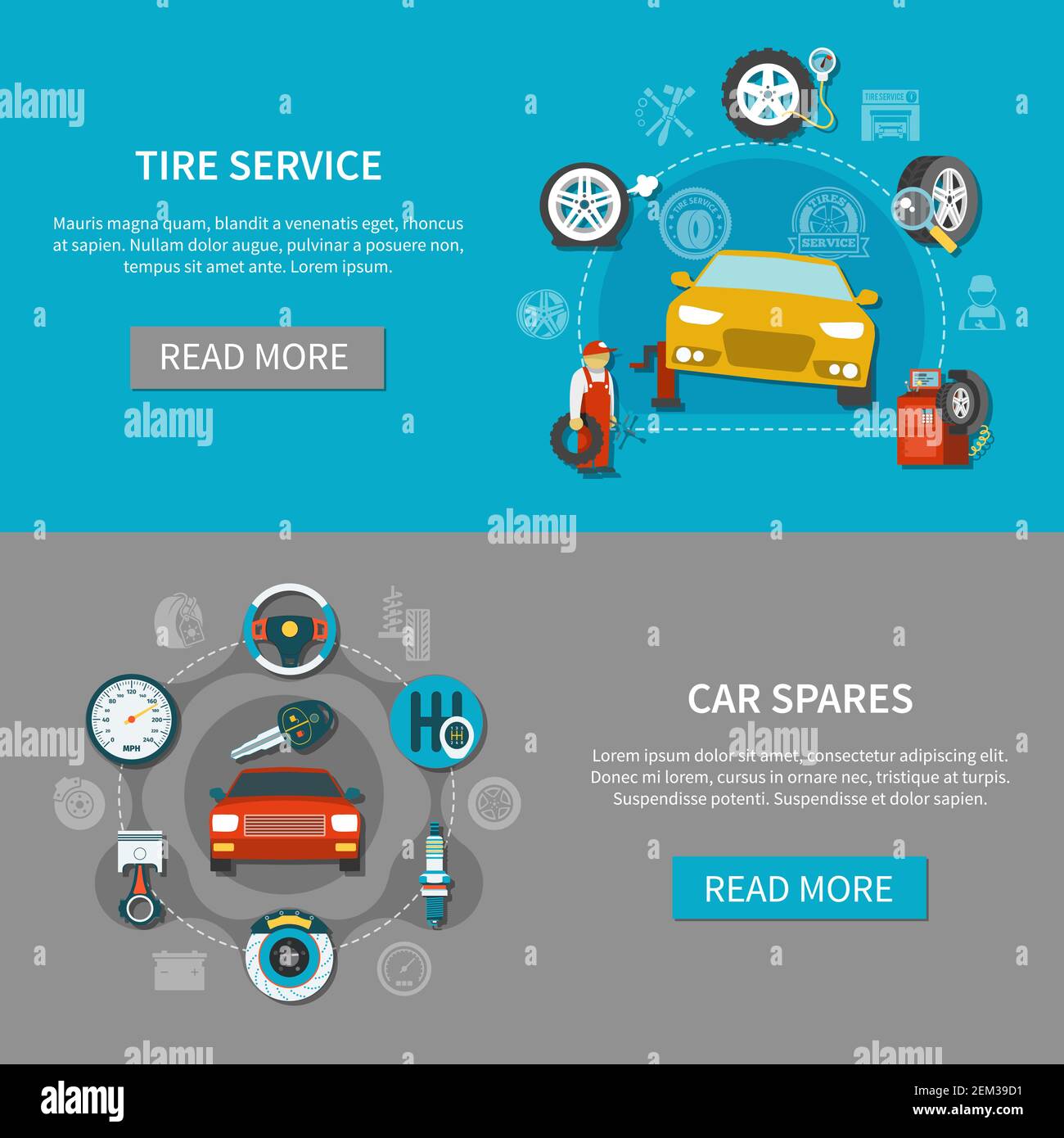 Tire service horizontal banners set with automobile spares and mechanic ...