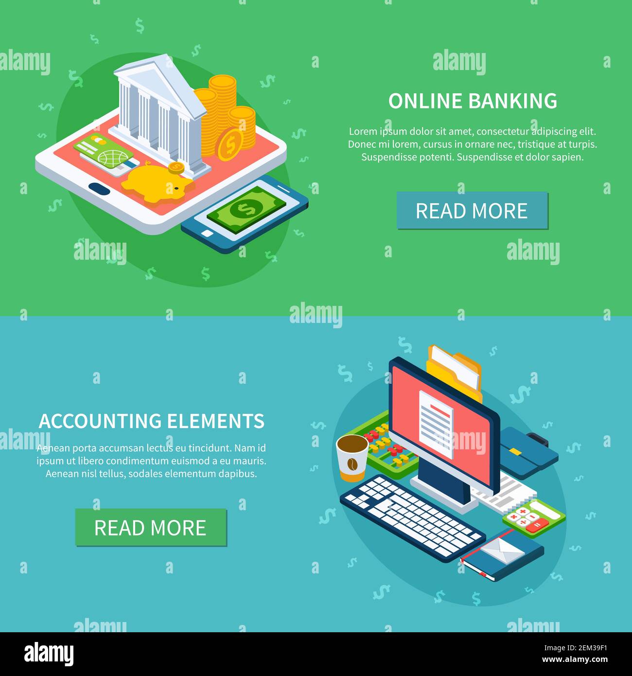 Accounting isometric set of two horizontal banners with text read more ...