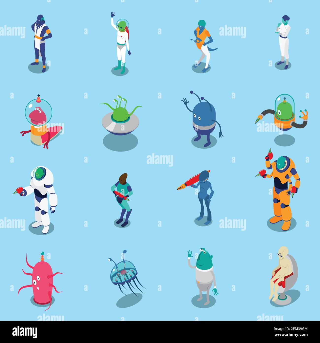 Funny colorful aliens isometric icons set isolated on blue background ...