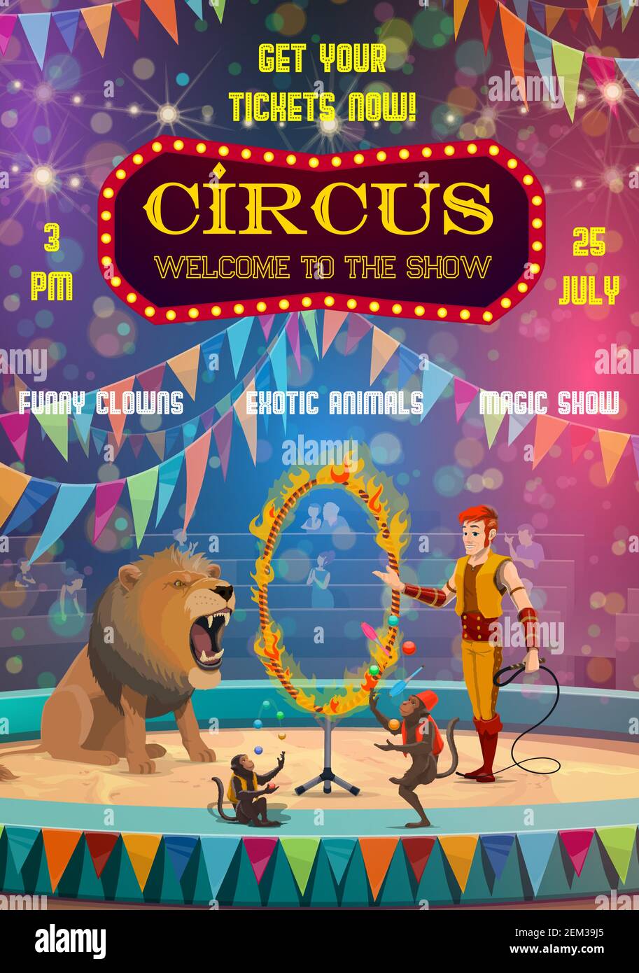 Circus entertainment show poster, animal tamer and lion jumping in fire ...