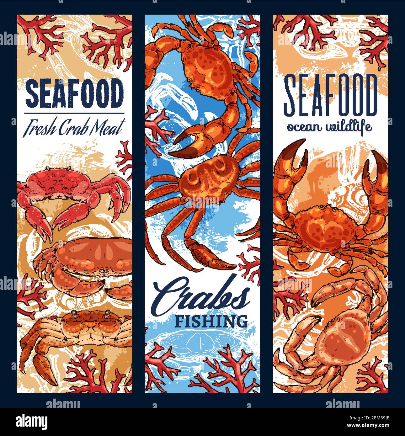 Seafood fishing sketch banners, ocean fish and sea food fishery ...