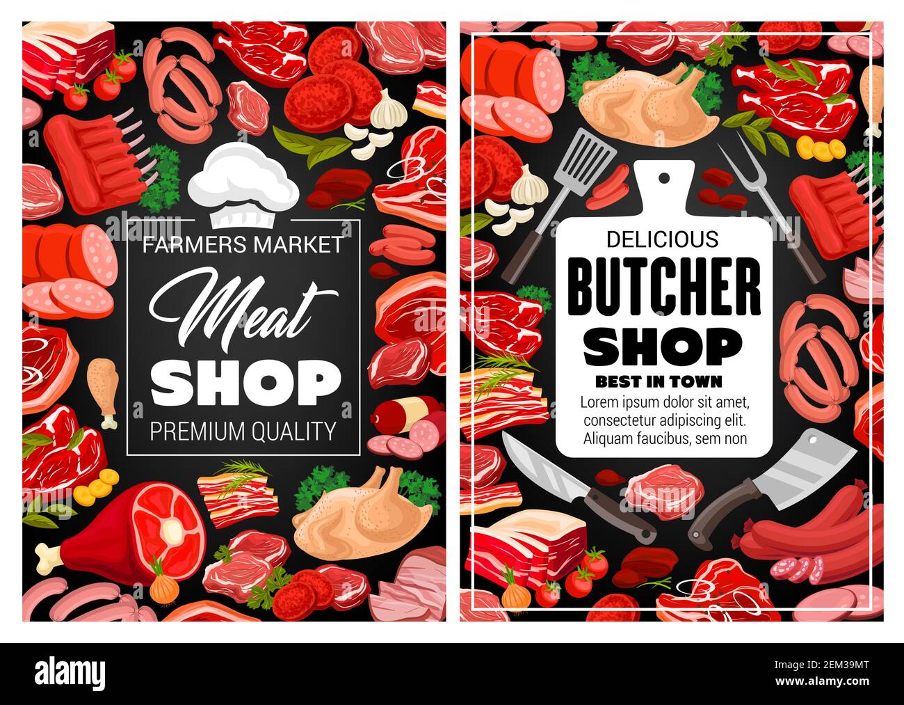 Meat pork and beef, butcher shop food and sausages poster. Vector farm ...