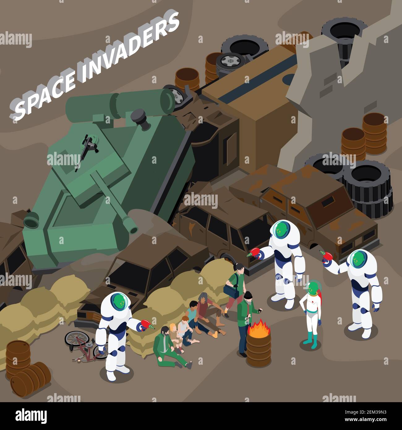 Alien invaders from outer space and homeless people isometric ...