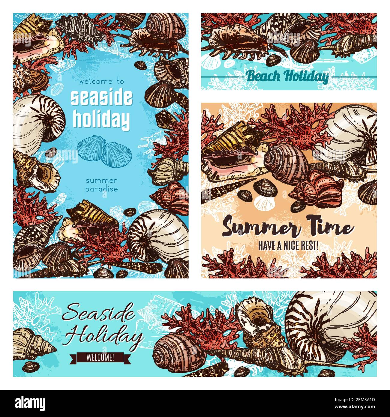 Summer vacation and beach holidays, welcome to paradise sketch posters ...