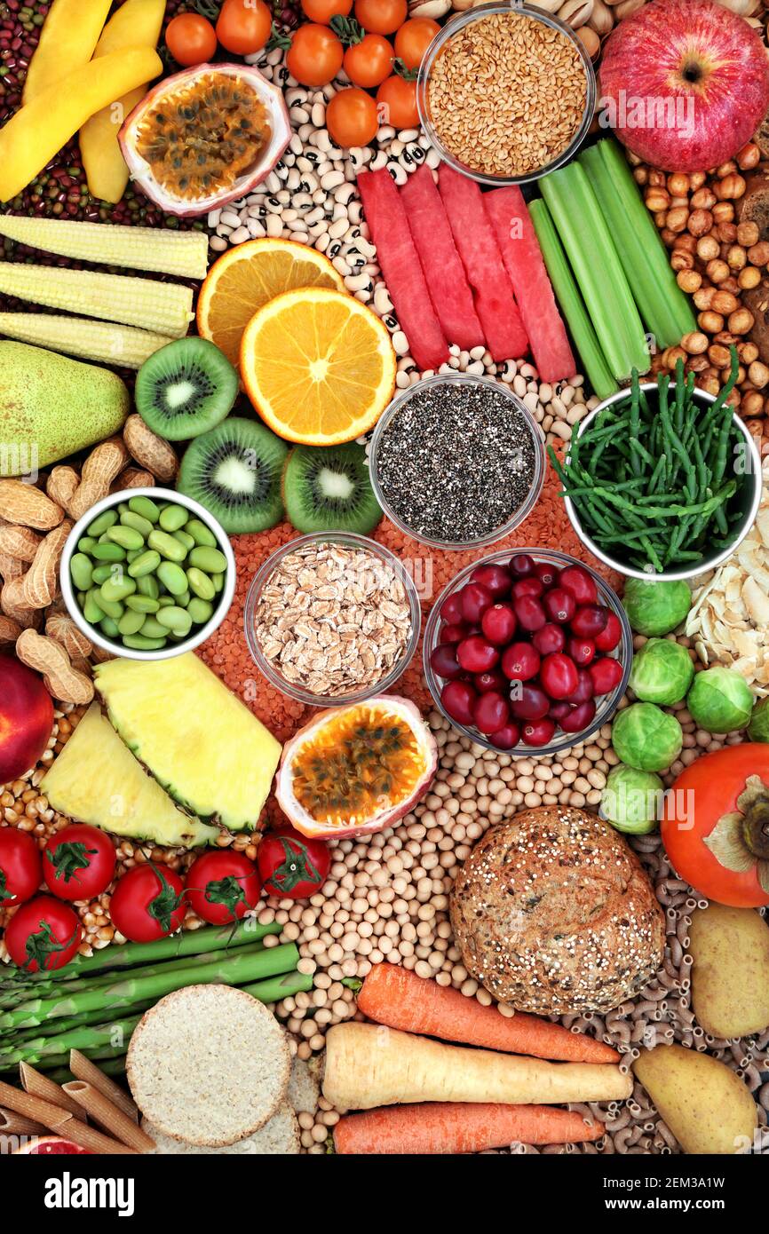 Plant based high fibre healthy vegan food with fruit, vegetable ...