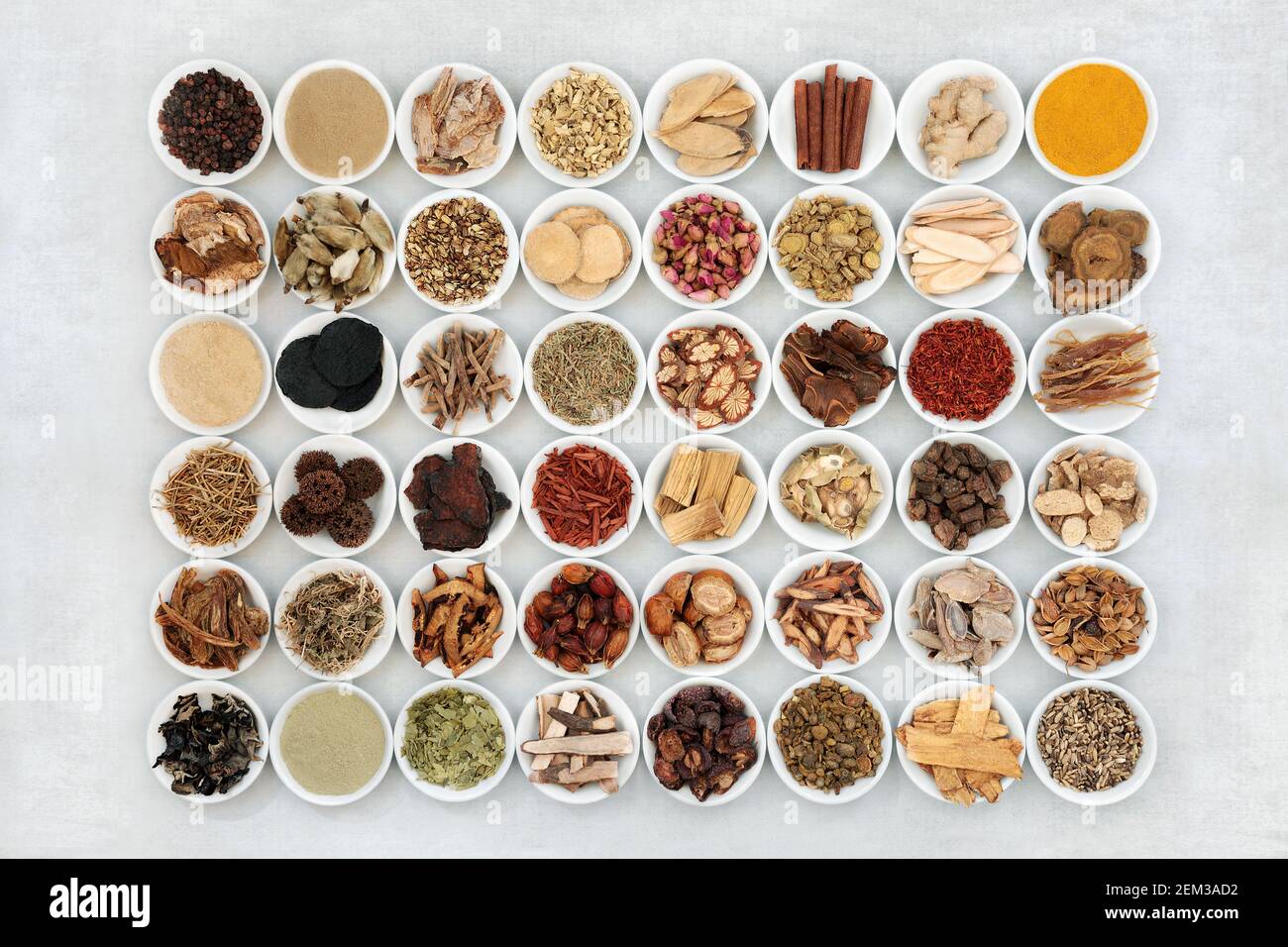 Large Chinese herb and spice collection in porcelain bowls used in ...