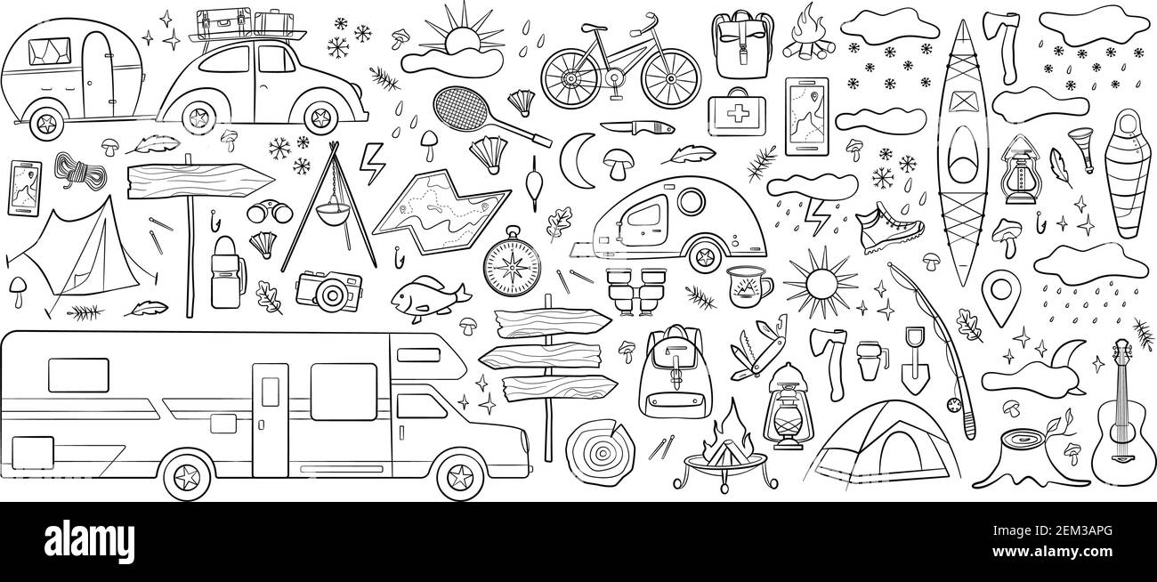 Set of doodle forest camping design elements. Hand drawn hiking and ...