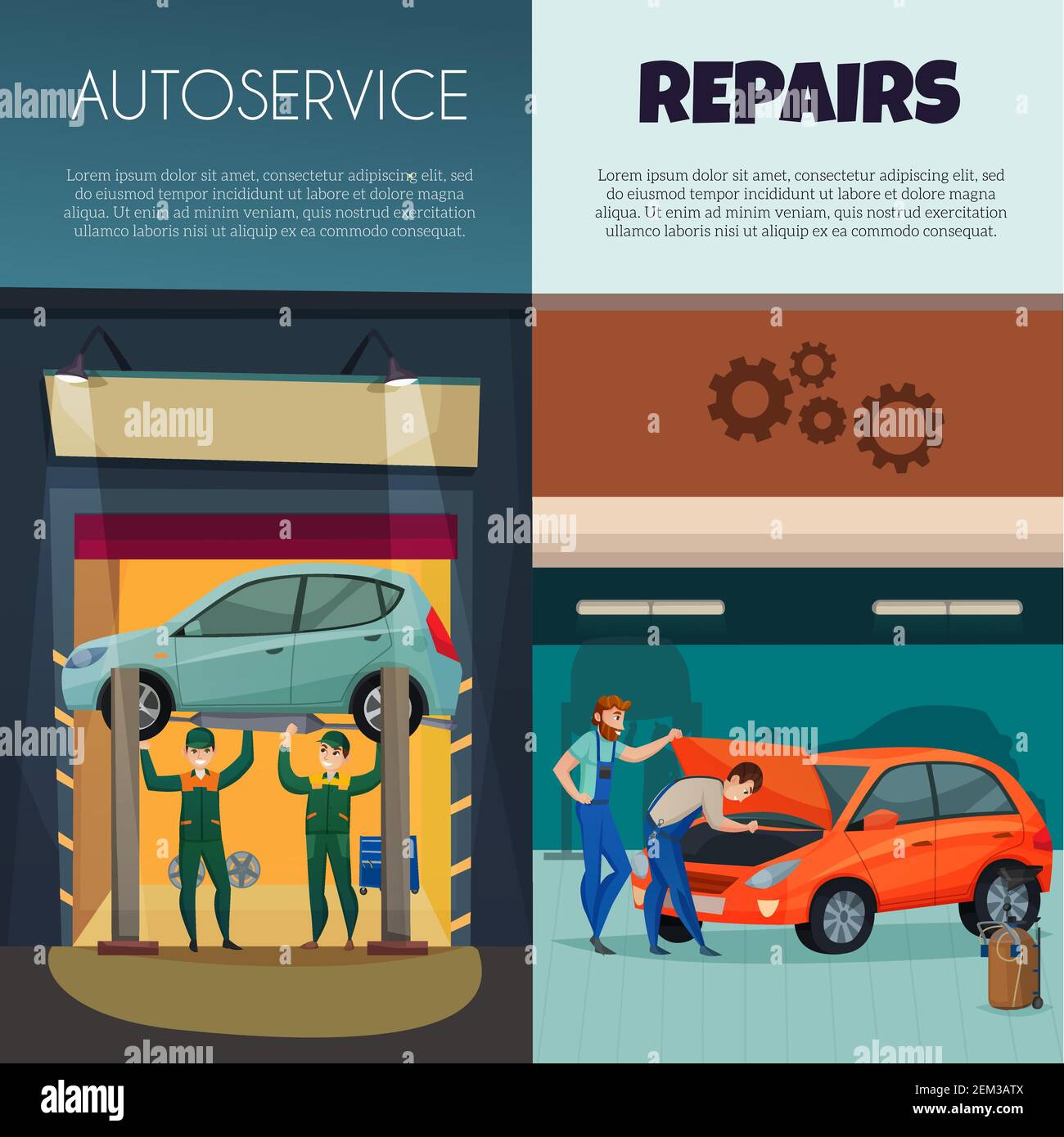 Car service vertical banners set with repairs and workers symbols flat ...