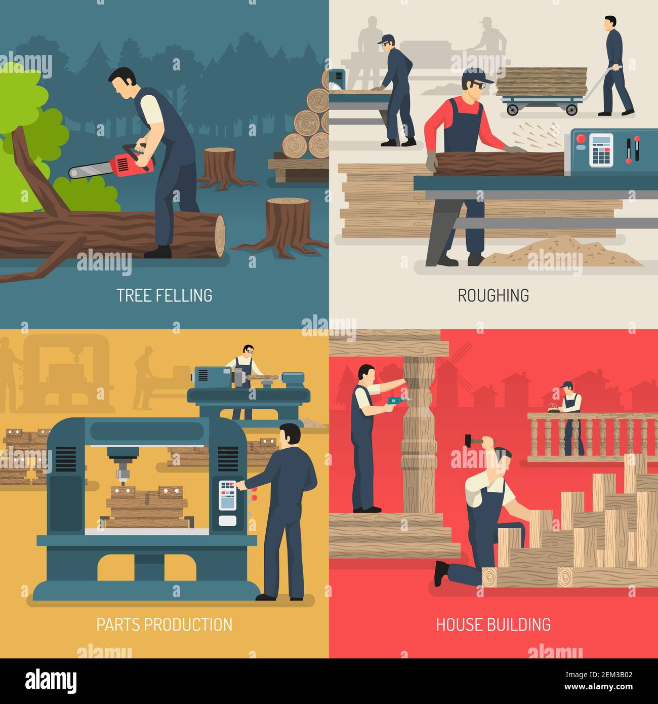Woodworking design concept with flat images of wood workers during ...