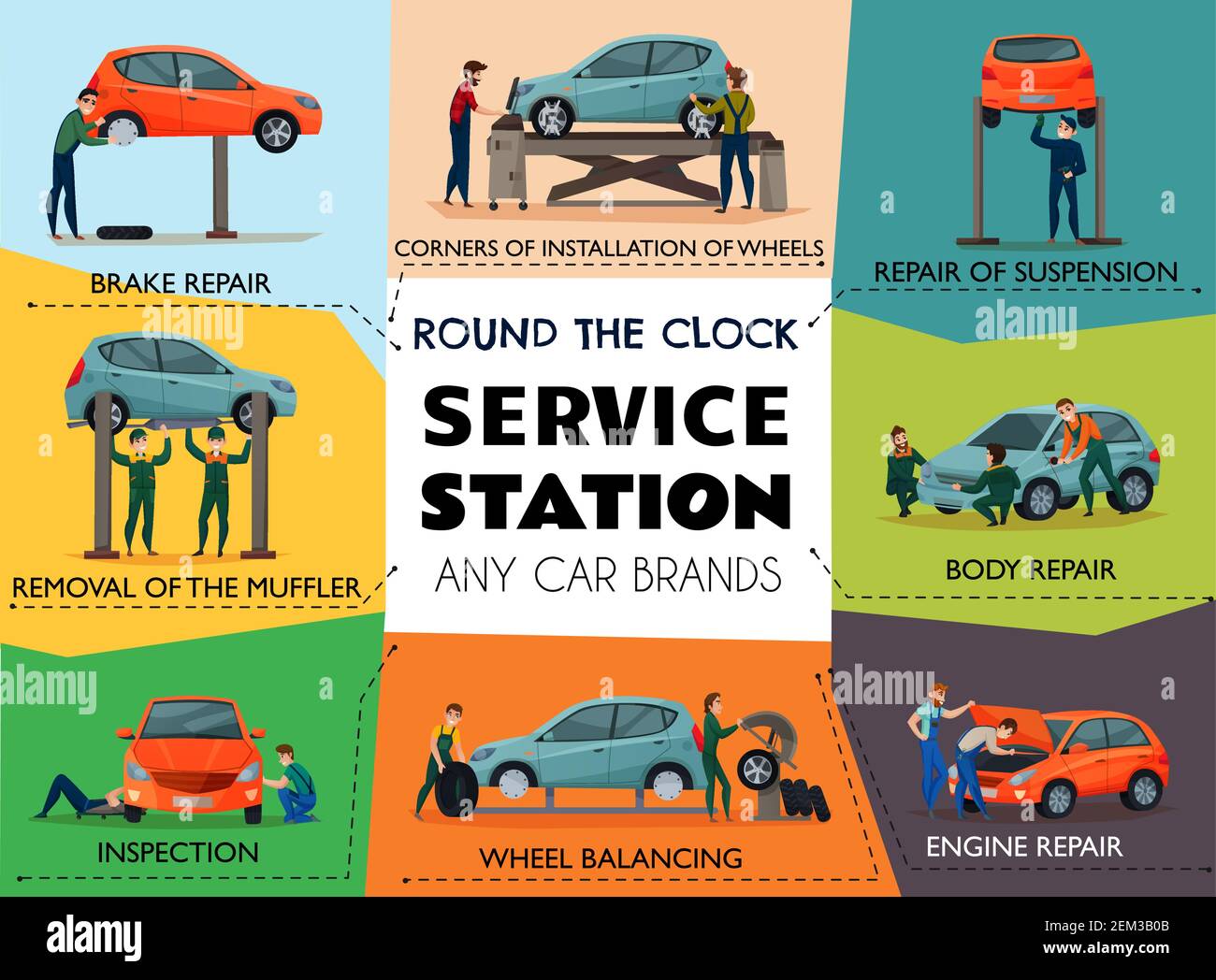 Car service poster with service station symbols flat isolated vector ...