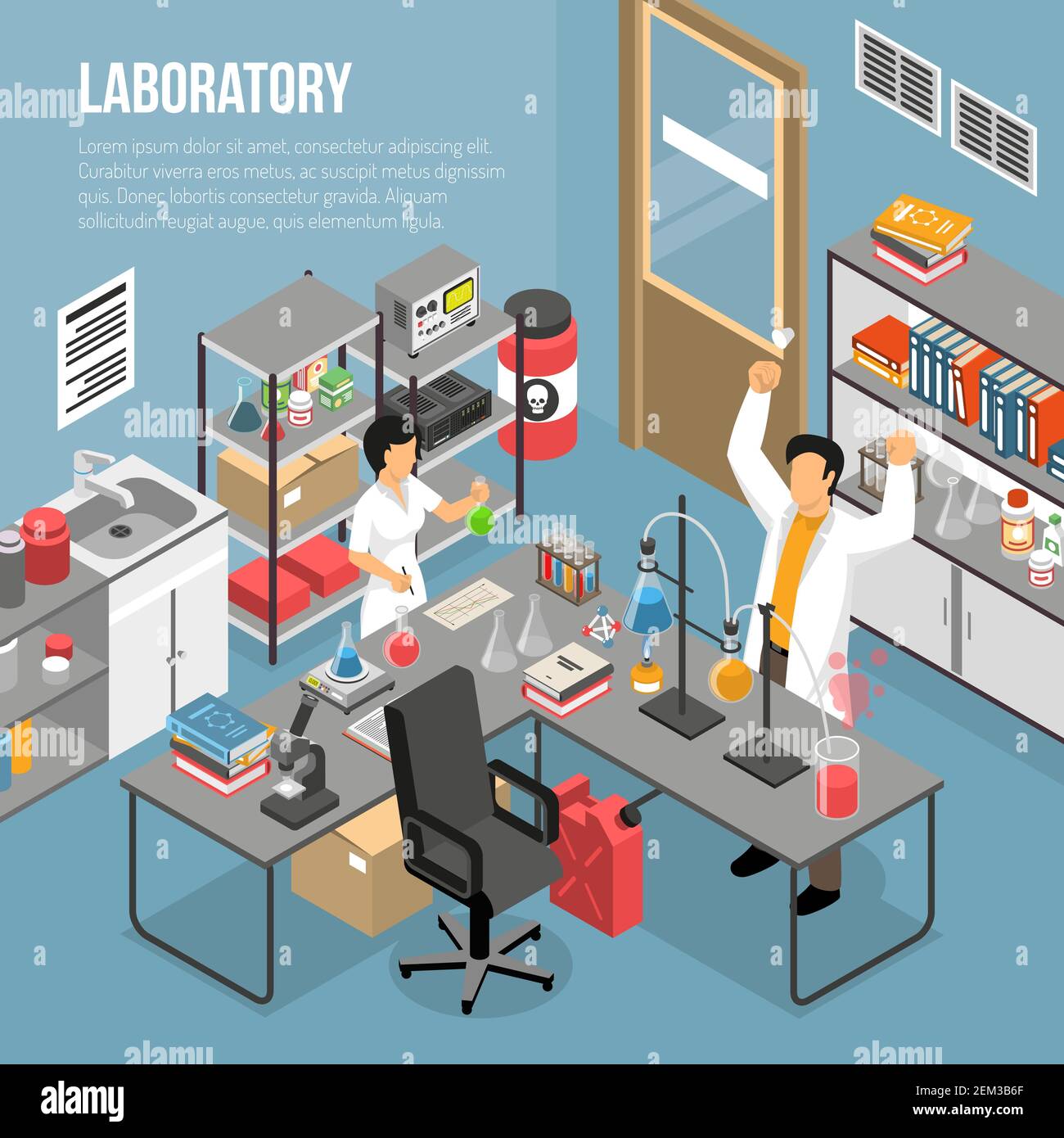 Isometric scientific laboratory background with editable text and ...