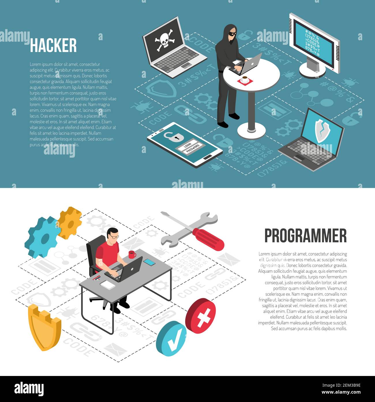 Set of horizontal isometric banners with hacker cracking computers and programmer during work ...