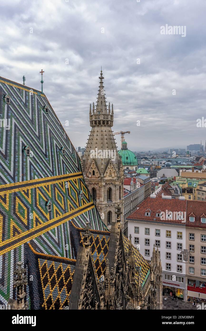 Aerial view over the rooftops of Vienna city from the north tower of St ...