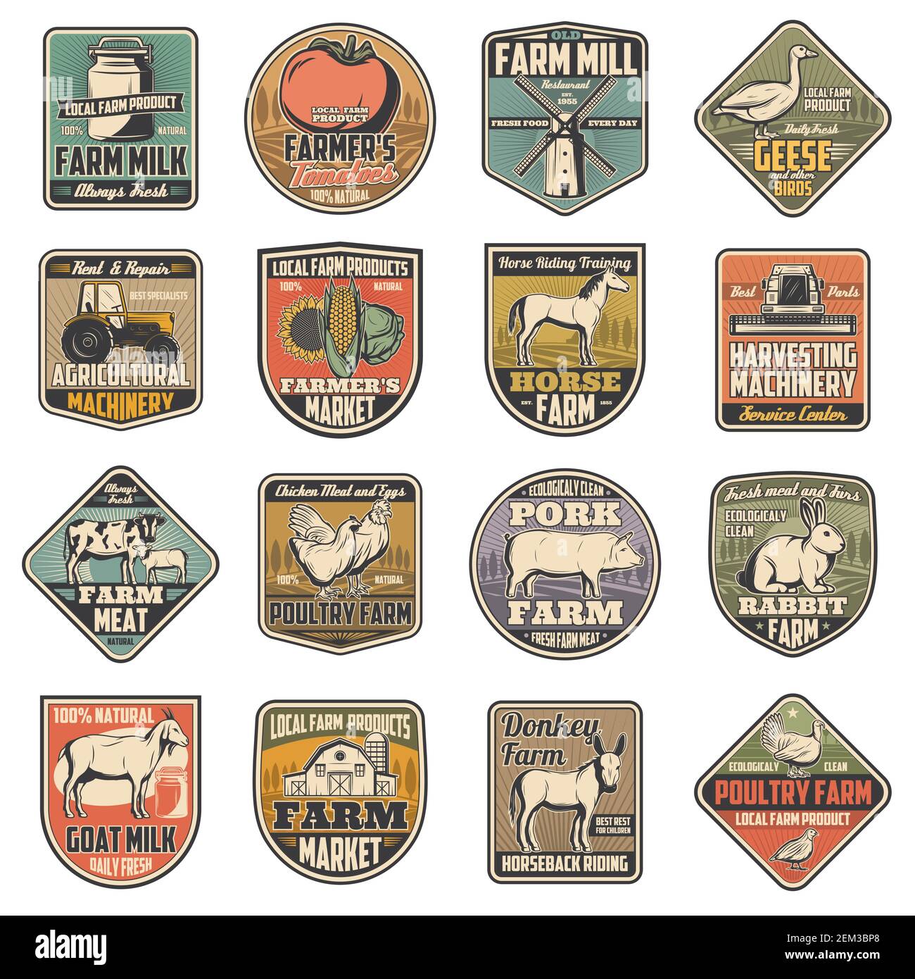 Cattle and poultry farming, food and meat production farm icons. Vector ...