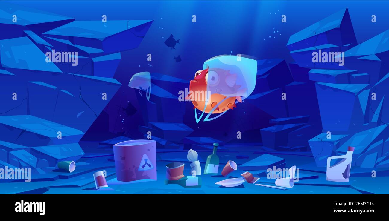 Puffer fish in plastic bag underwater in sea or ocean. Ocean pollution ...