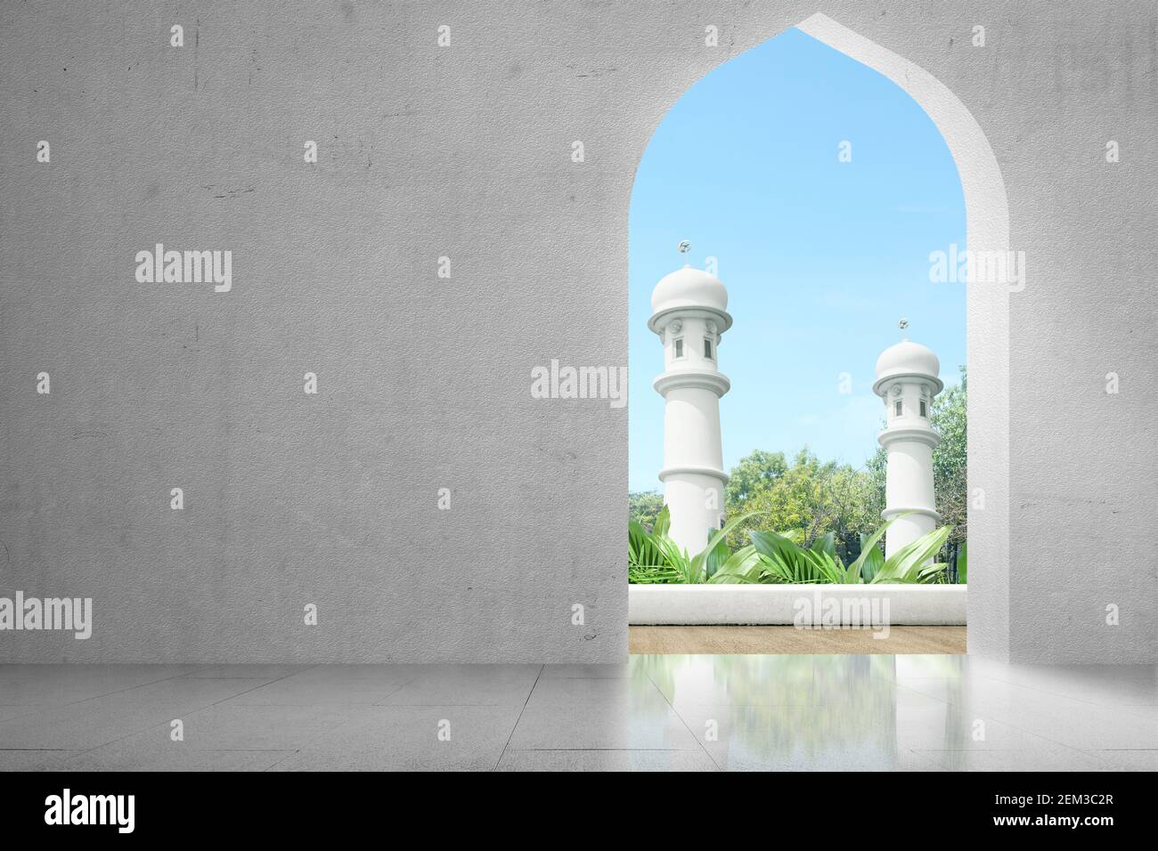 Mosque door with a green garden and blue sky background Stock Photo - Alamy