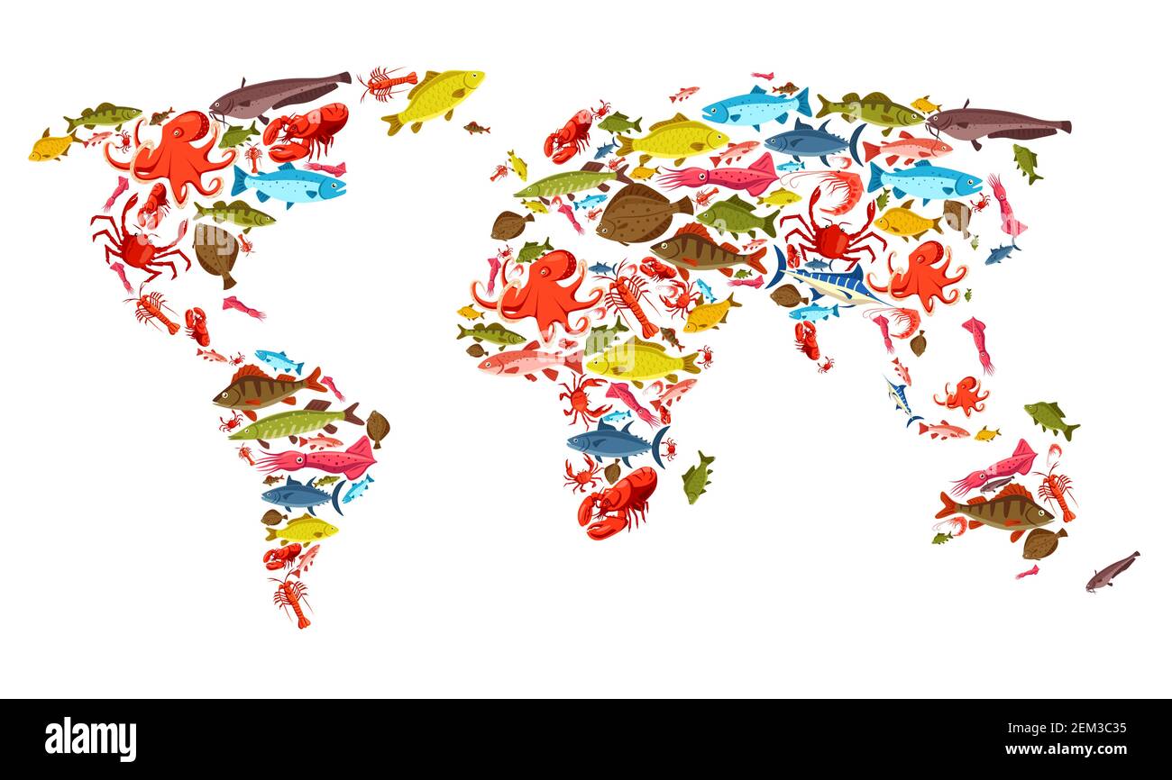 World map of fishes and seafood, sea fishing and ocean fishery industry ...