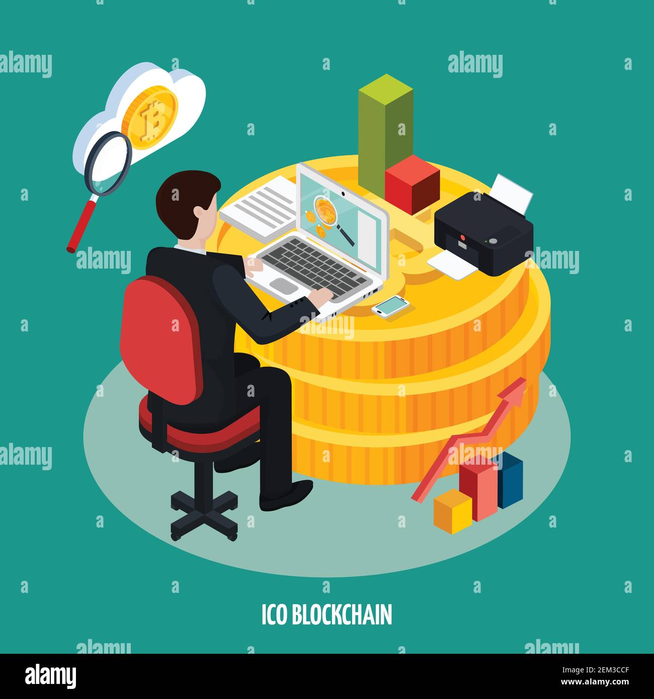 ICO blockchain development isometric composition on green background ...