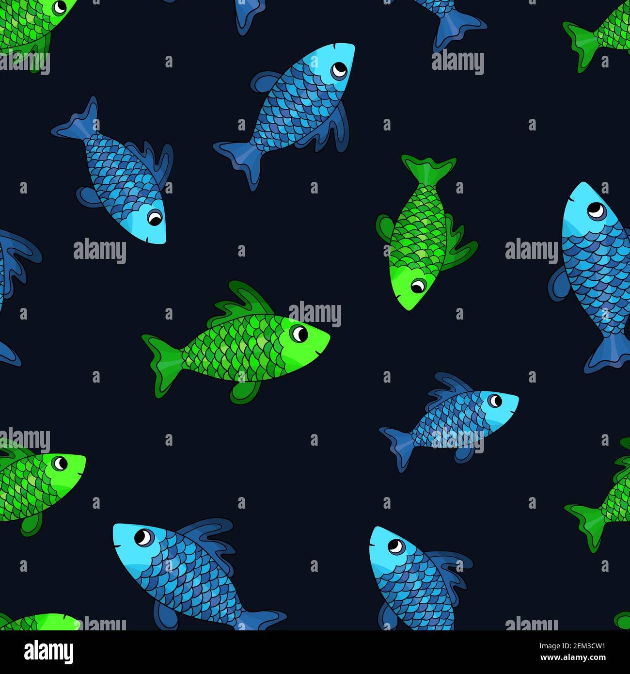 Seamless pattern with cute fish on dark background. Vector cartoon ...