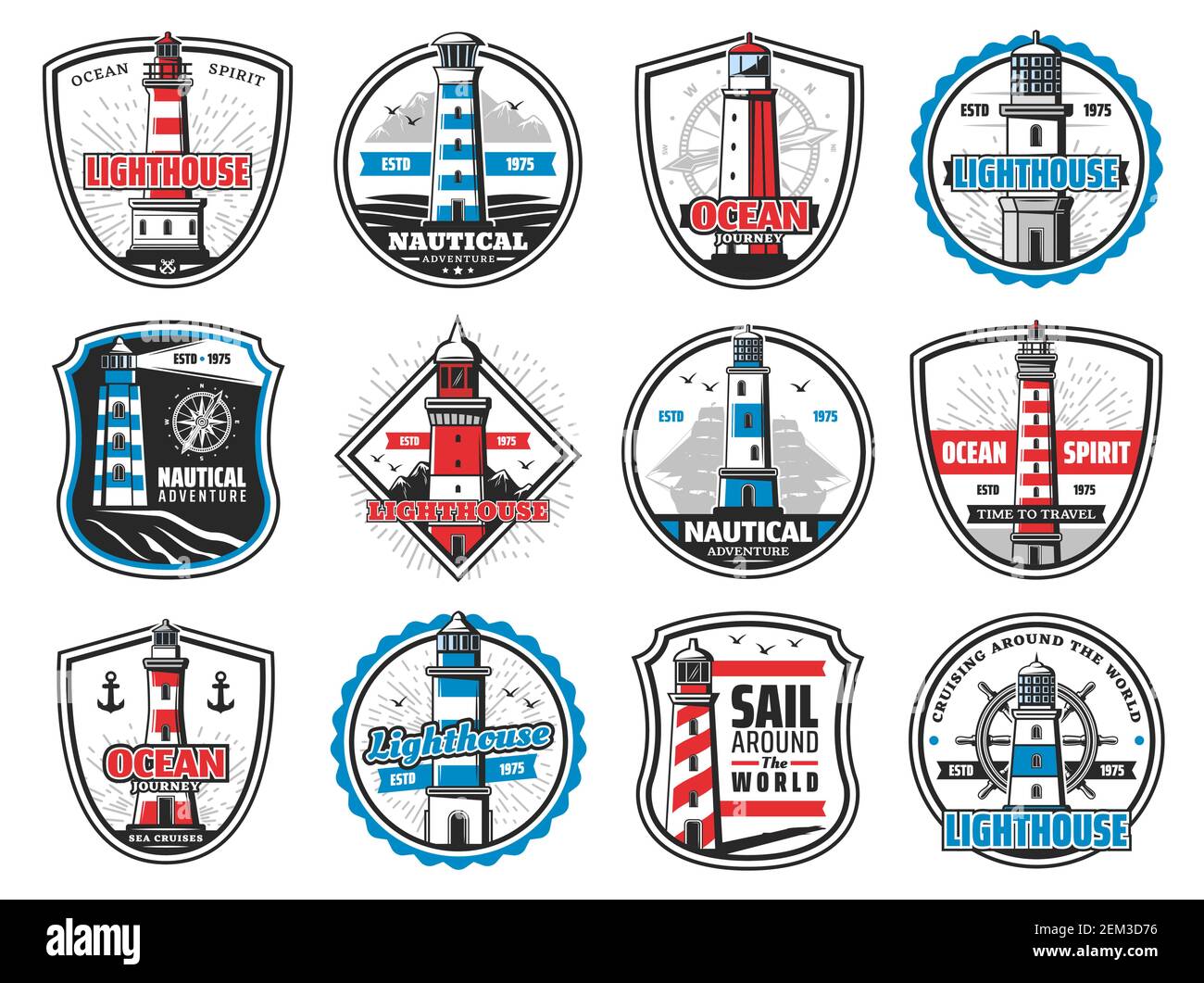 Lighthouse, marine beacon, anchor and ship helm heraldic icons. Vector ...