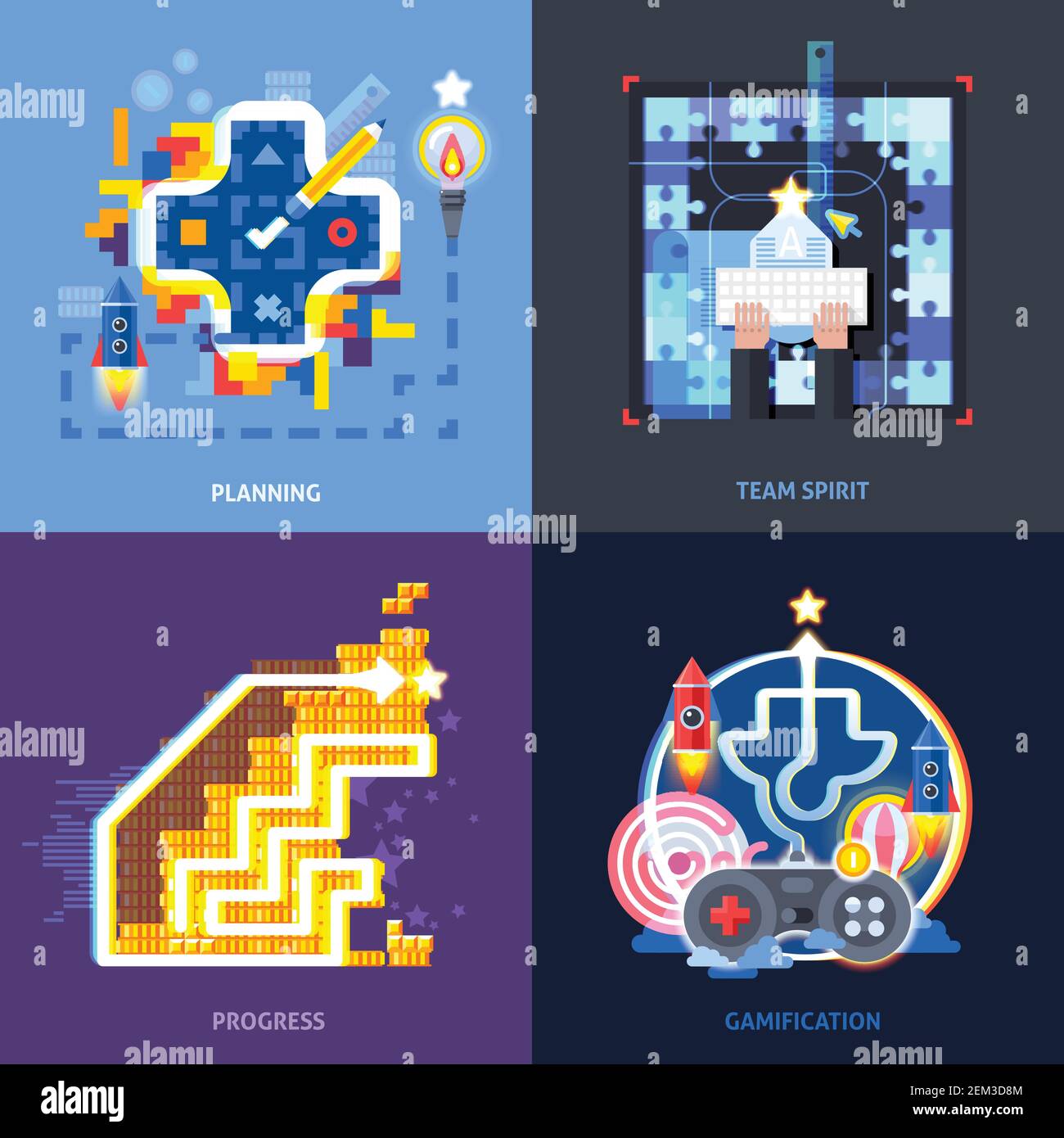 Gamification motivation concept 4 flat icons square with planning team spirit and progress ...