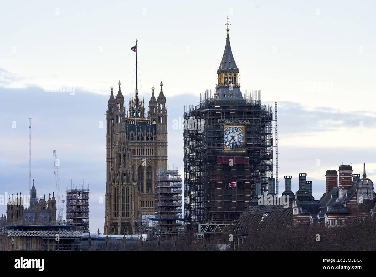 Scaffolding surrounds the under-renovation Elizabeth Tower, commonly ...