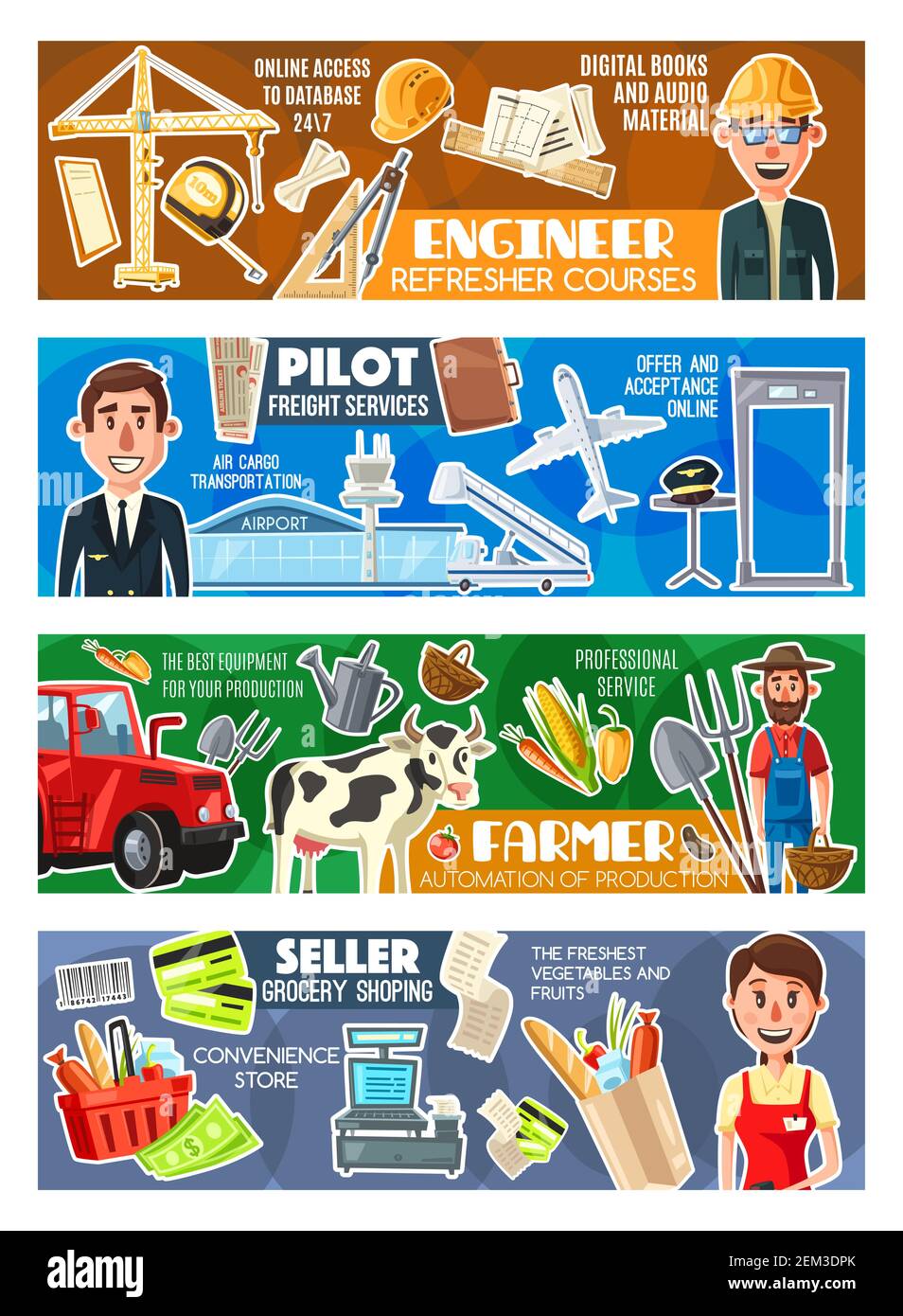Seller and pilot, farmer and engineer architect professions. Vector ...