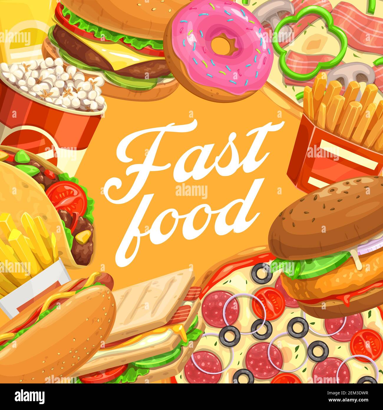 Fast food burgers and desserts, vector hamburger, pizza and hot dog ...