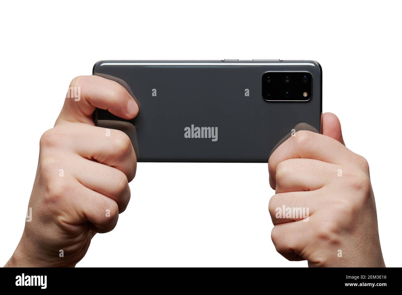 Using smartphone horizontally with two hands back view isolated Stock ...