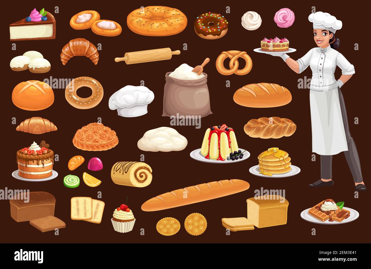 Baker with bread, pastry food. Cartoon vector baguette, croissant ...
